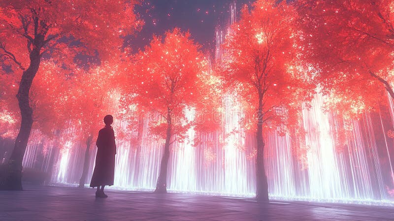 Silhouette Figure in Vibrant Glowing Red Autumn Forest at Night Stock ...