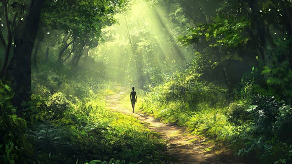 Silhouette Figure Walking through a Luminous Forest Path Stock Image ...