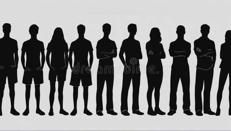 Silhouette Figures Aligned in a Group Against a Gray Background Stock ...