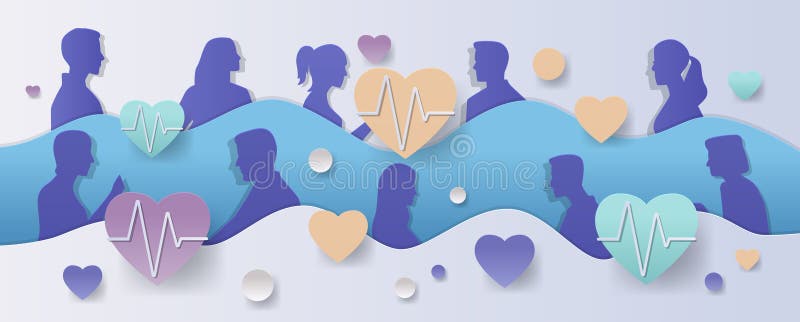 Silhouette Figures with Heart Shapes and Wave Pattern in Paper Cut ...