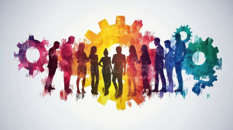 Silhouette Figures Team Work Collaboration Colorful Abstract Gear ...
