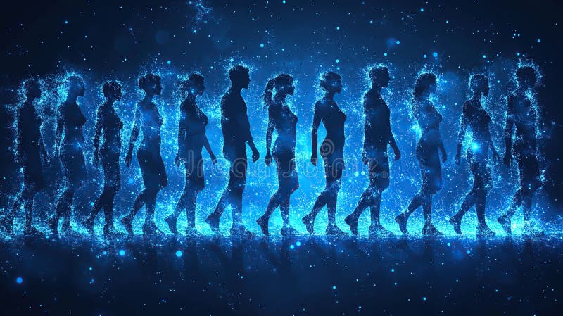 Silhouette Figures Walking in a Line, Glowing, Abstract Stock ...