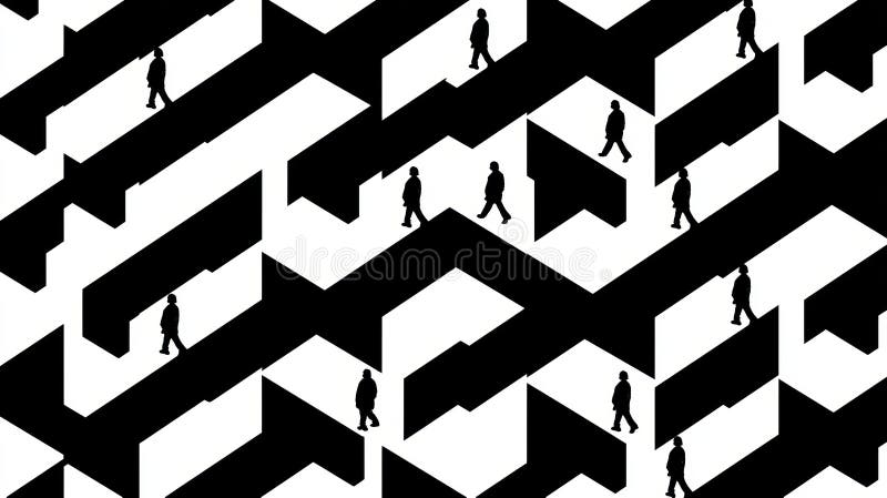 Silhouette Figures Walking through Optical Illusion Maze of Black and ...