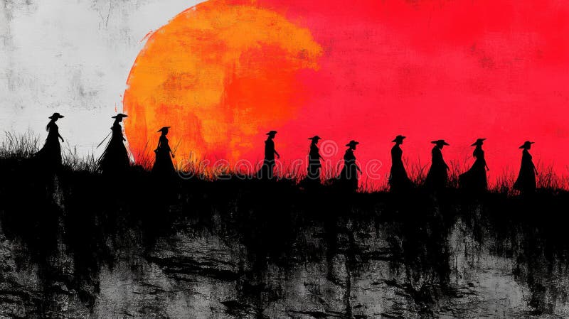 Silhouette Figures Walking at Sunset, Red and Orange Sky, Black and ...