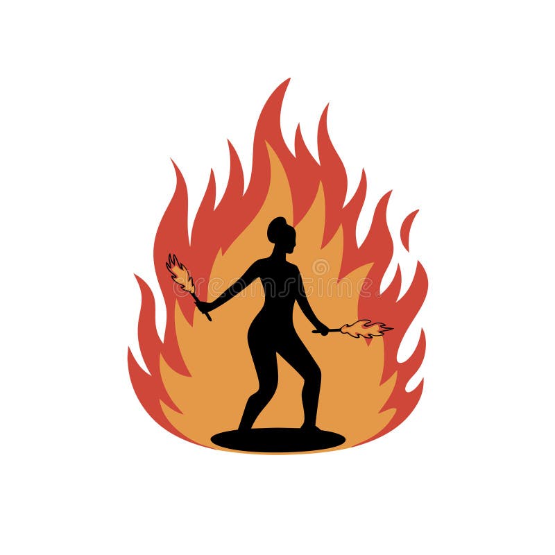 Silhouette of Fire Dancer with Torches in Flames Vector Illustration ...