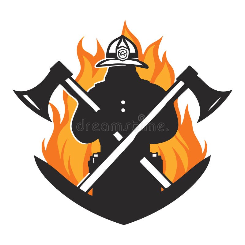 Silhouette of a Firefighter with Crossed Axes and Flames Emblem. Stock ...