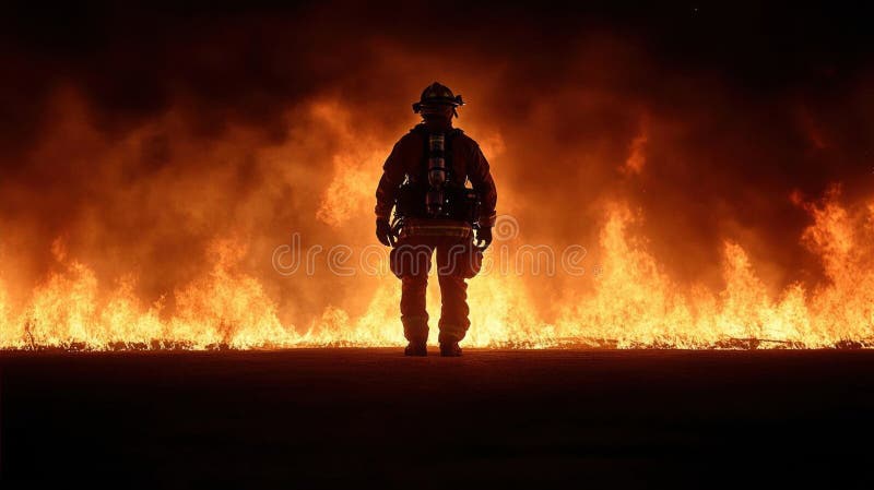 Silhouette of a Firefighter Facing a Wall of Intense Flames at Night ...