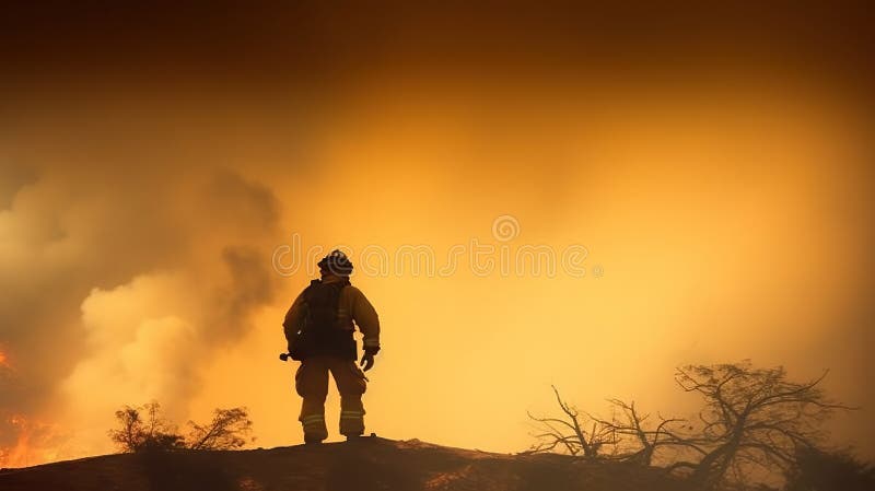 Silhouette of Fireman Fighting the Fire in Woods. Generative AI Stock ...