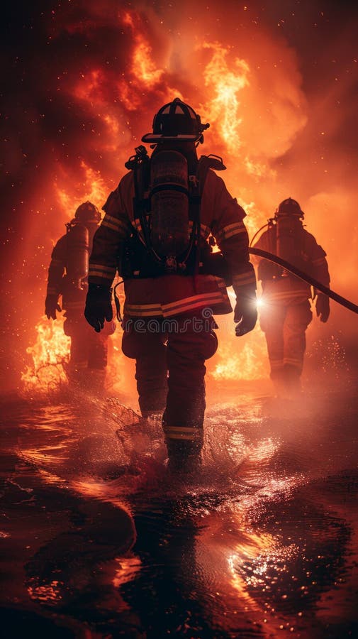 Silhouette of Firemen Fighting Raging Fire with Surrounded Them Flames ...