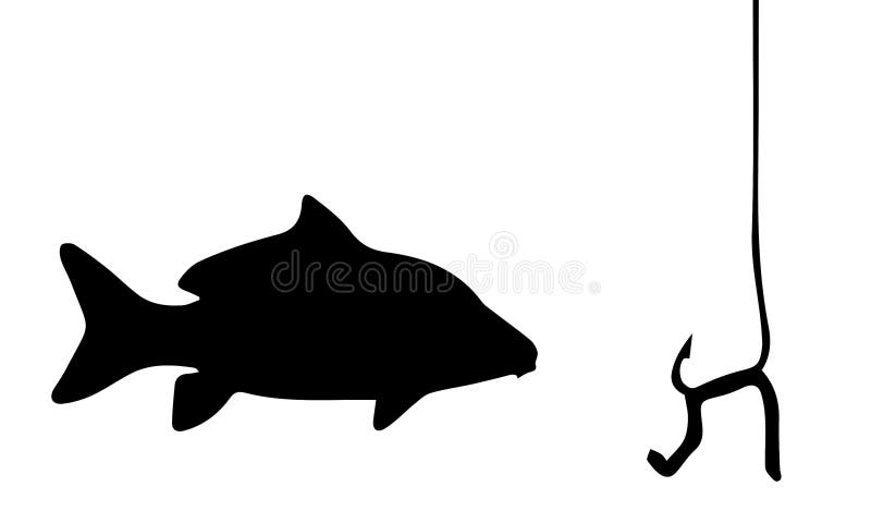 Silhouette of Fish Going on the Hook on White Background Stock ...