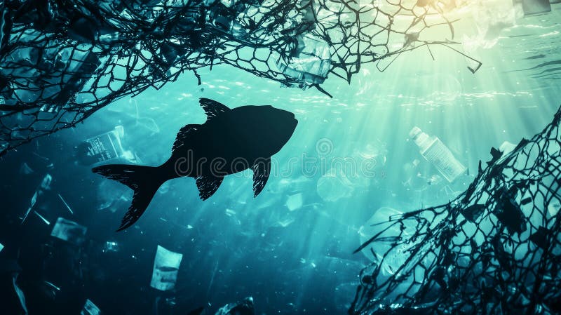 A Silhouette of a Fish Swims Beneath the Ocean Surface, Surrounded by ...