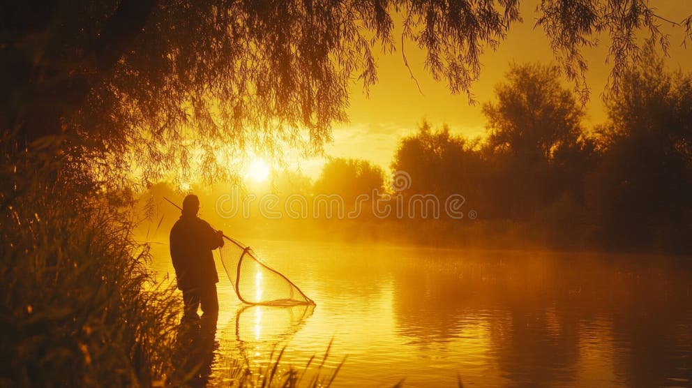 Silhouette of a Fisherman Casting a Net at Sunset Stock Illustration ...