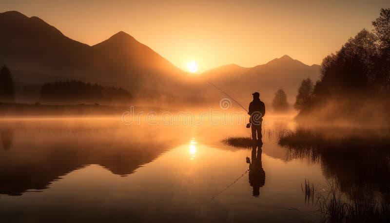 Silhouette of a Fisherman Catching Fish at Sunrise on Pond Generated by ...