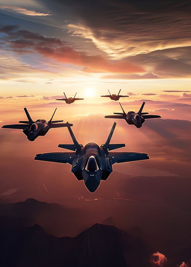 A Silhouette of Five Fighter Jets Flying in Formation Against the ...
