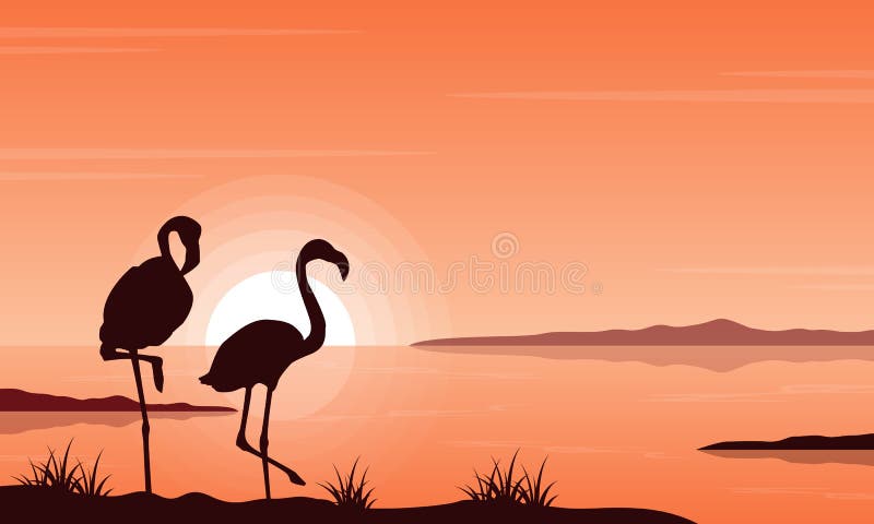 Silhouette Flamingo on Lake Landscape Stock Vector - Illustration of ...