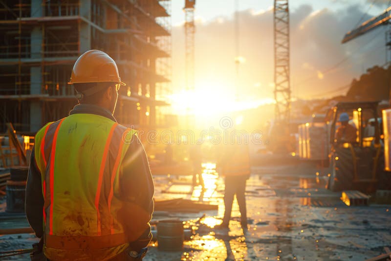 Silhouette of Foreman and Worker Team at Construction Site with Blurred ... Silhouette of Foreman and Worker Team at Construction Site with Blurred ...