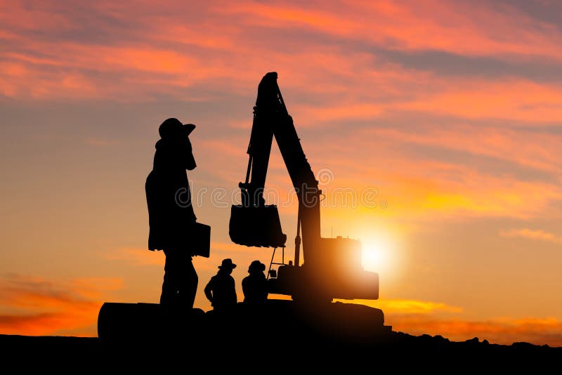 Silhouette of Foreman and Workers Team at Construction Site, Road ... Silhouette of Foreman and Workers Team at Construction Site, Road ...