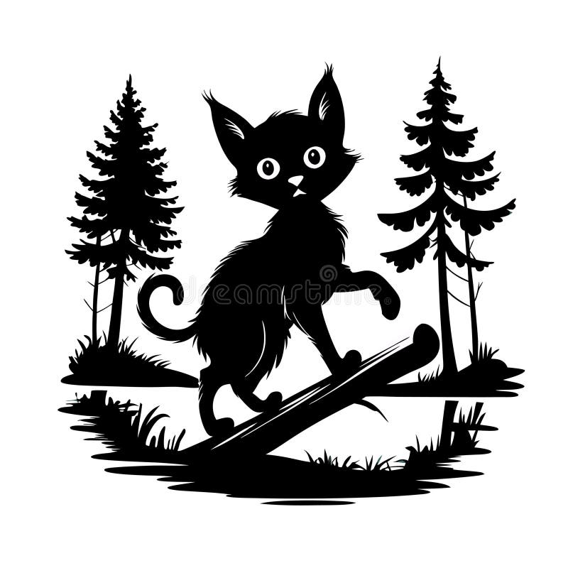 Silhouette Forest Cat Balancing on Log in Woodland Vector Illustration ...