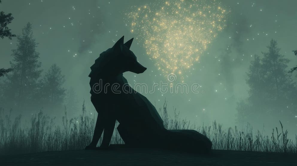 Silhouette of Fox Watching Fireworks in Misty Forest at Night Stock ...