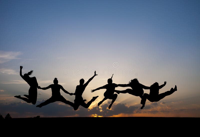 548 Happy Friends Family Jumping Together Sunset Stock Photos - Free ...