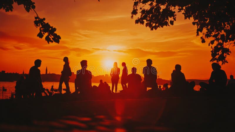 Silhouette of Friends at Sunset by the Water Stock Illustration ...