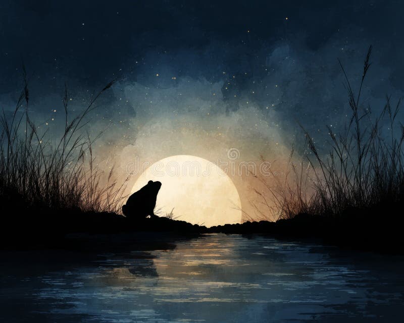 Silhouette Frog by Moonlit Pond at Night Stock Illustration ...