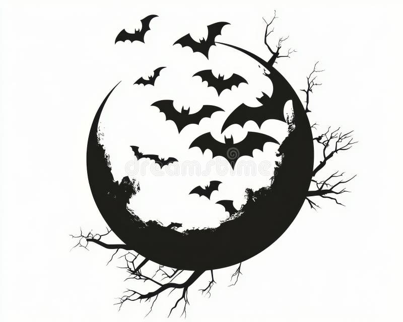 Silhouette of a Full Moon with Bats on White Background, Spooky Night ...
