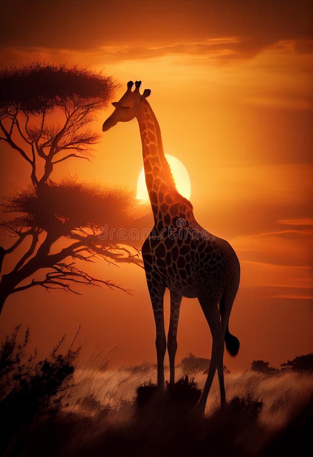 Silhouette of a Giraffe in the Savanna Against the Backdrop of the ...