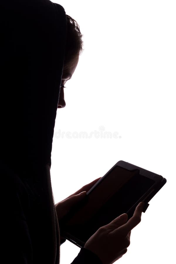 Silhouette of a Girl in the Hood with a Tablet Stock Image - Image of ...