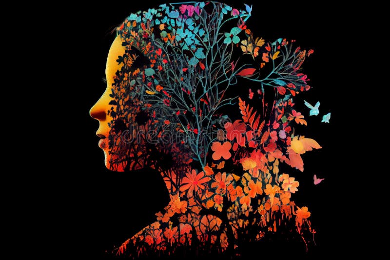 Silhouette of a Girl from Multi-colored Flowers. AI Generated Stock ...