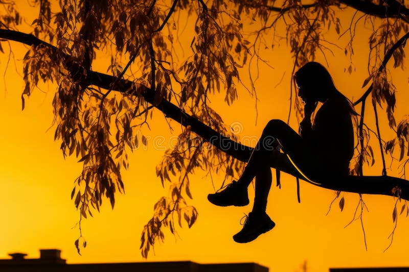 Silhouette of a Girl Sitting on a Tree Branch at Sunset Stock ...