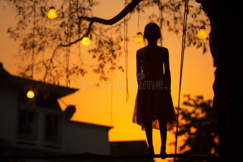 Silhouette of a Girl Standing on a Tree Branch at Sunset Stock ...