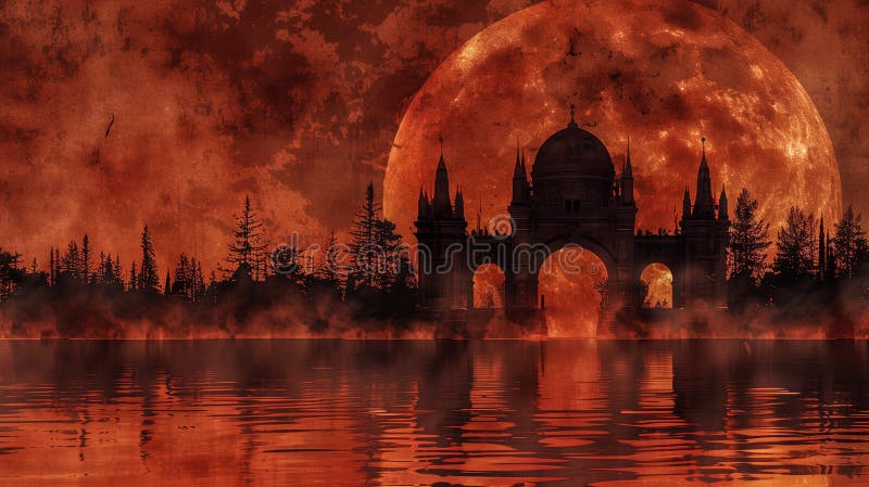Silhouette of Gothic Architecture Under a Fiery Full Moon Stock ...