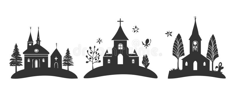 Silhouette of Gothic Churches with Trees and Nature Elements Stock ...