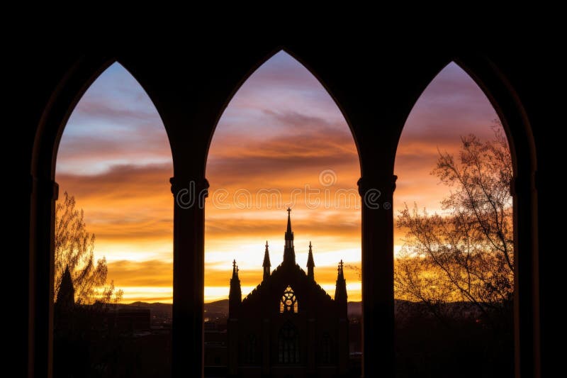 Silhouette of a Gothic Revival Castles Pointed Arch Windows at Sunset ...