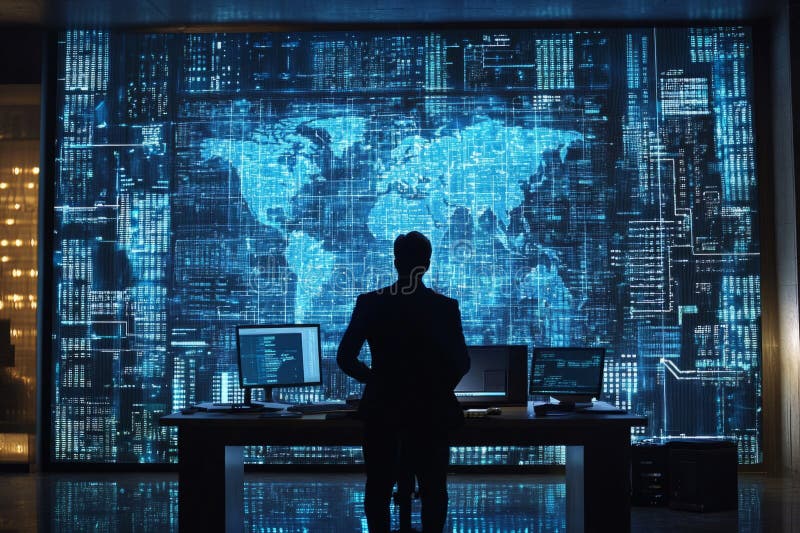 Silhouette of Government Agent Monitoring Global Activity on High-tech ...
