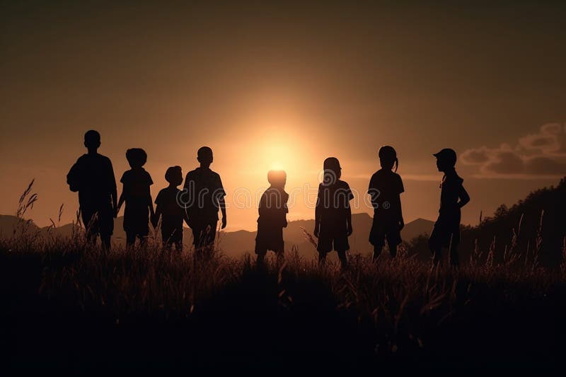 Silhouette of a Group of Children in the Hill at Sunset Stock ...