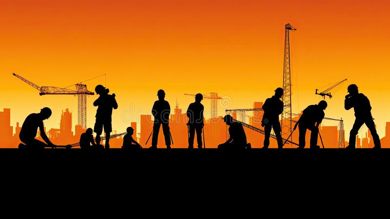Silhouette of a Group of Construction Workers Doing Happy Work Poses ...