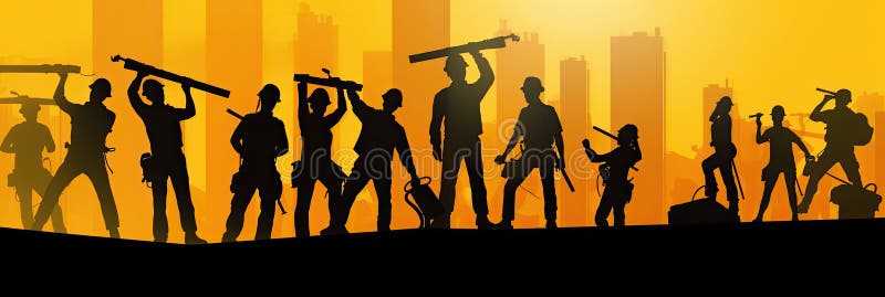 Silhouette of a Group of Construction Workers Doing Happy Work Poses ...