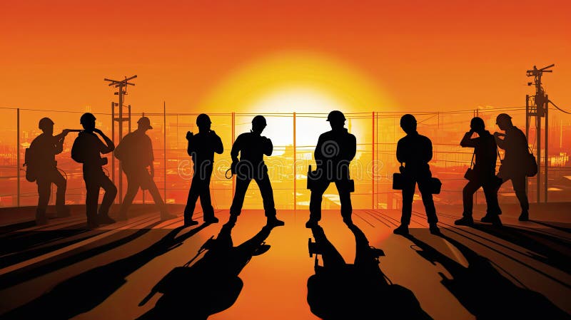 Silhouette of a Group of Construction Workers Doing Happy Work Poses ...