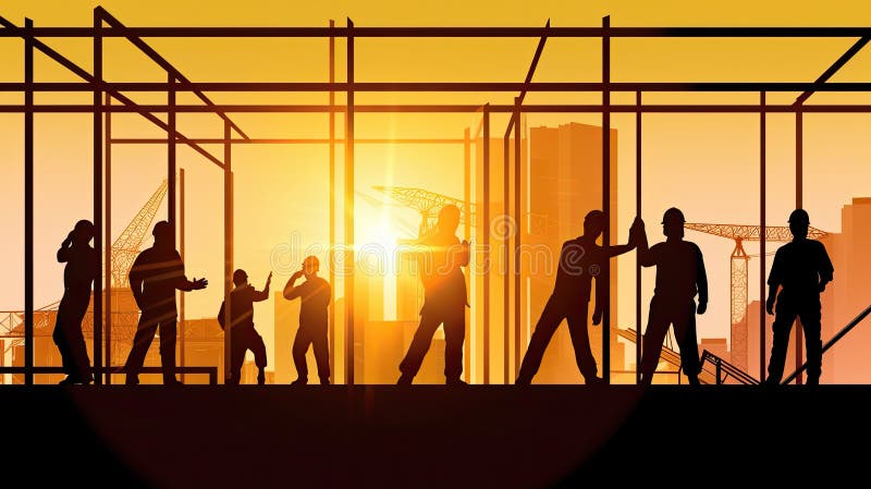 Silhouette of a Group of Construction Workers Doing Happy Work Poses ...