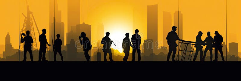 Silhouette of a Group of Construction Workers Doing Happy Work Poses ...