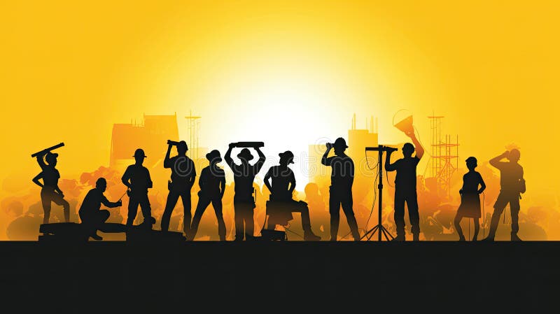 Silhouette of a Group of Construction Workers Doing Happy Work Poses ...