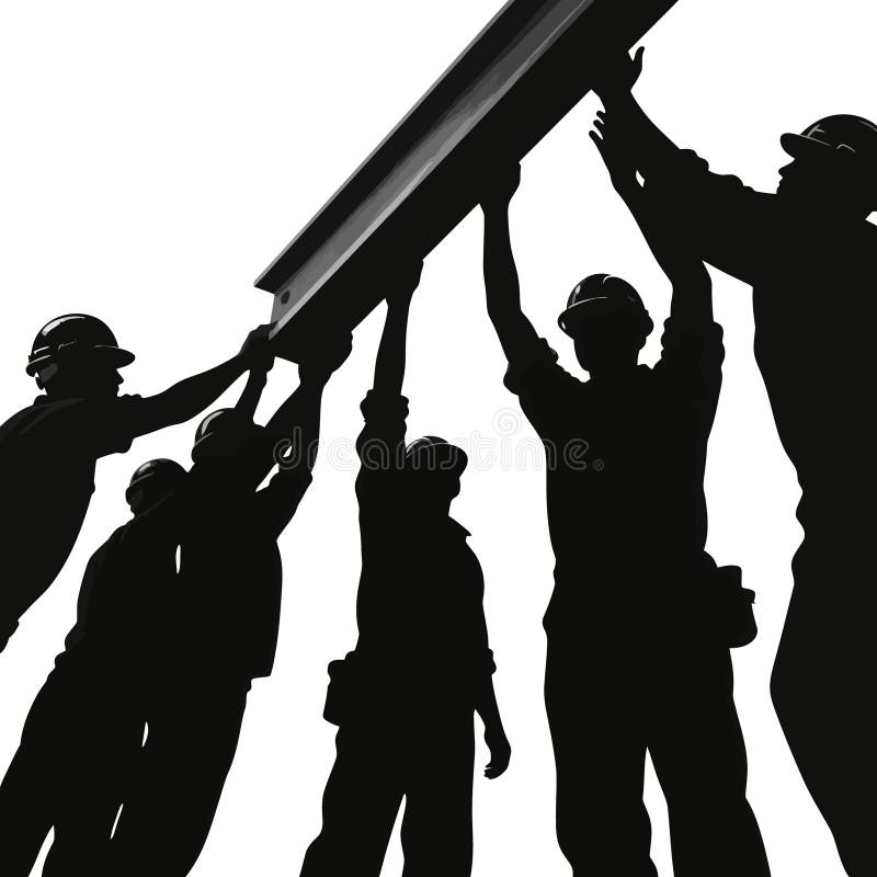 Silhouette of a Group of Construction Workers Lifting a Steel Beam ...