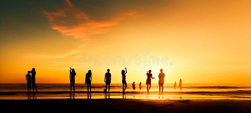 Silhouette of Group of Friends are Having Fun, Having Fun on the Beach ...