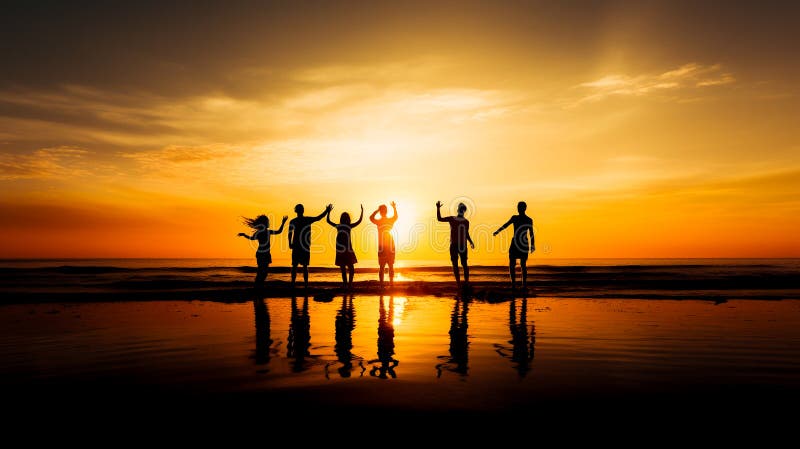 Silhouette of Group of Friends are Having Fun, Having Fun on the Beach ...