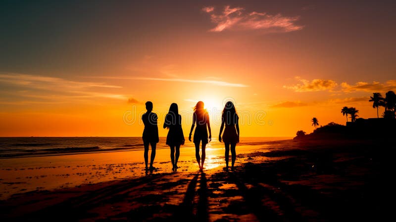 Silhouette of Group of Friends are Having Fun, Having Fun on the Beach ...