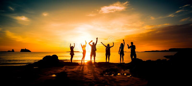 Silhouette of Group of Friends are Having Fun, Having Fun on the Beach ...
