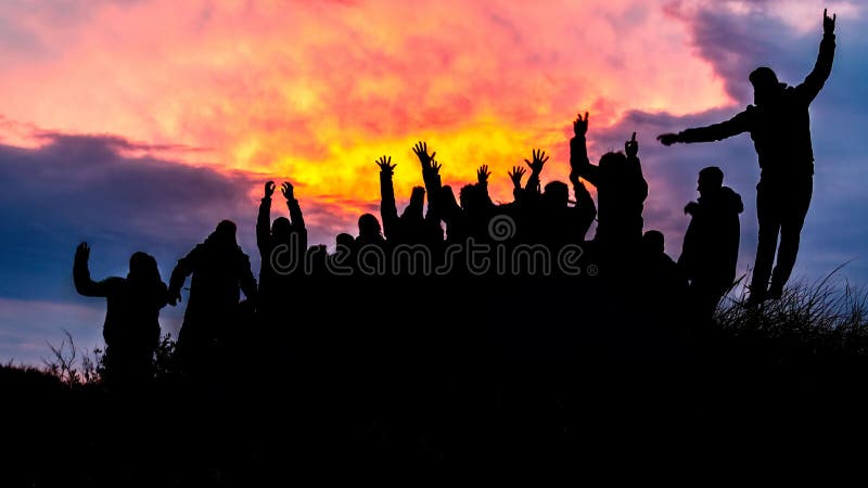 Silhouette, Group of Happy People Jumping in Sunset - Image Stock Image ...