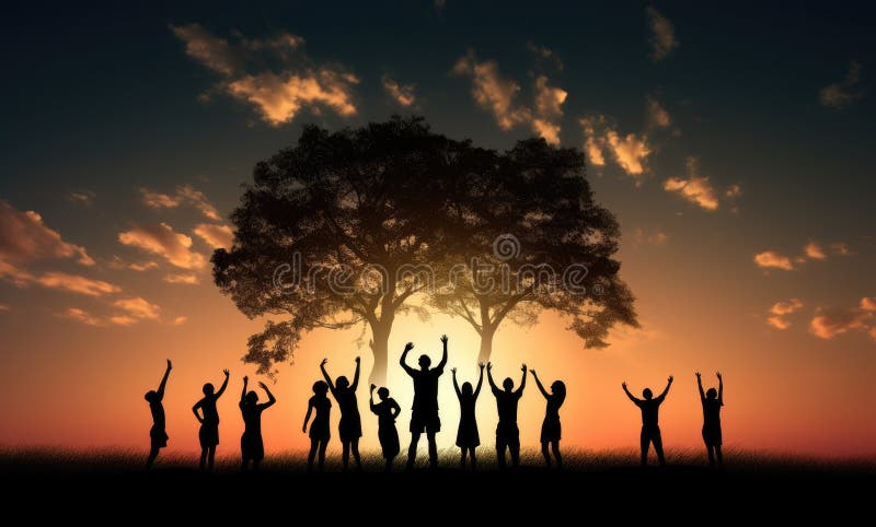 Silhouette of Group of People Dancing Under Tree in the Sunset Stock ...